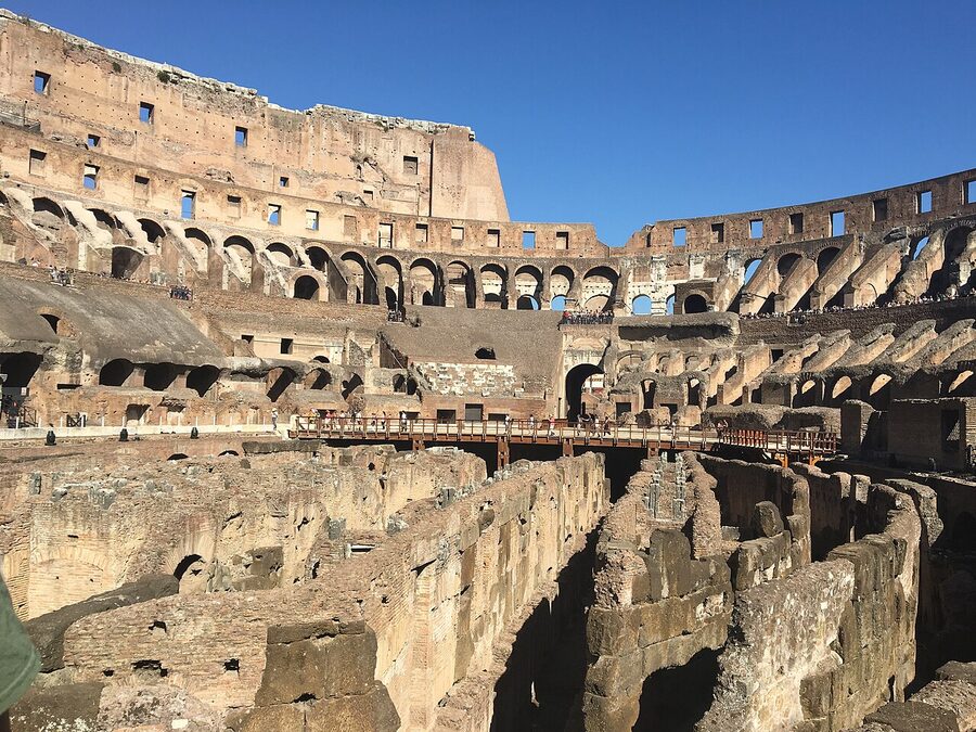 View inside the Colosseum showing the arena and hypogeum from above