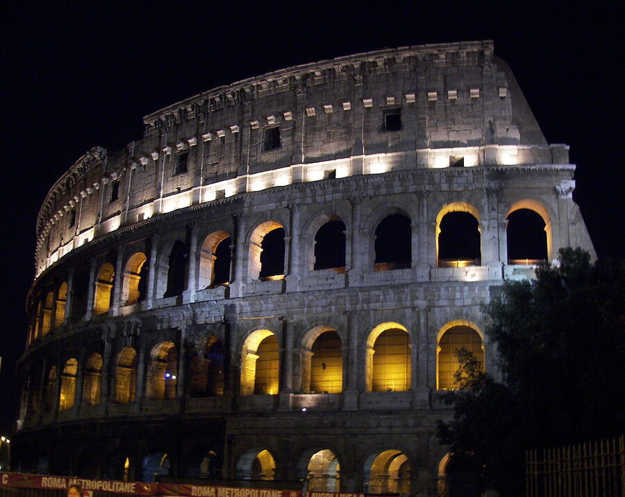 Rome Colosseum lit up at night long exposure