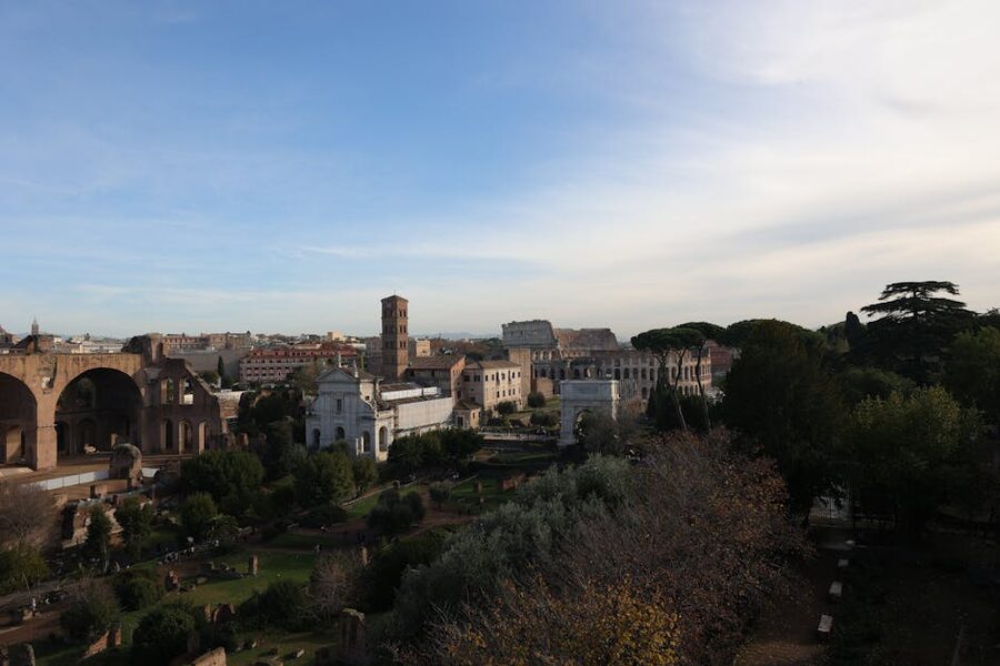 Aerial view Roman Forum and Colosseum Rome