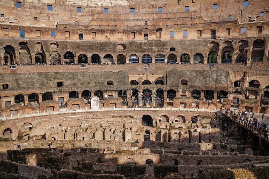 Colosseum interior showing the hypogeum tunnels from above in Rome