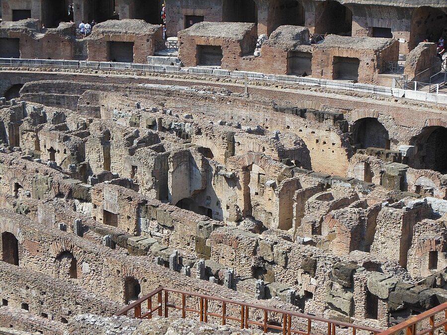 Looking down into the Colosseum hypogeum from the upper rings