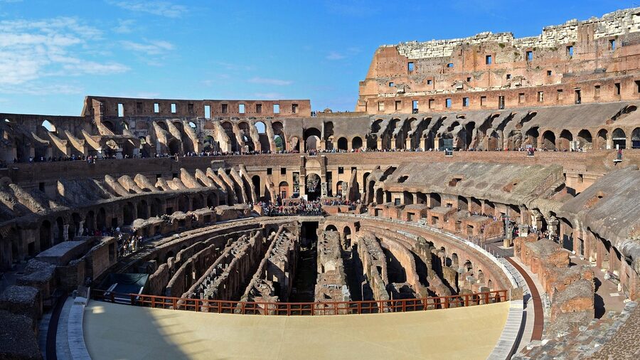 Inside the Colosseum looking across the arena and tiered seating