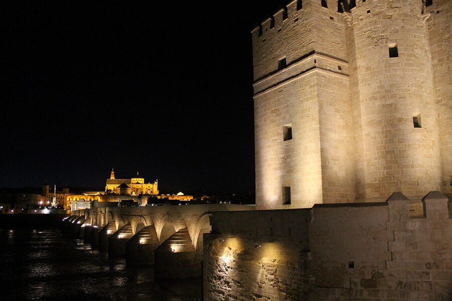Roman Bridge of Cordoba at night with the Calahorra Tower lit
