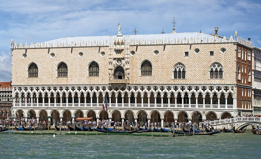 Doge's Palace facing the sea in Venice with St Mark's Campanile