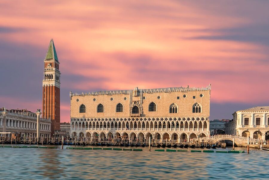 Doge's Palace and St Mark's Campanile at sunset Venice
