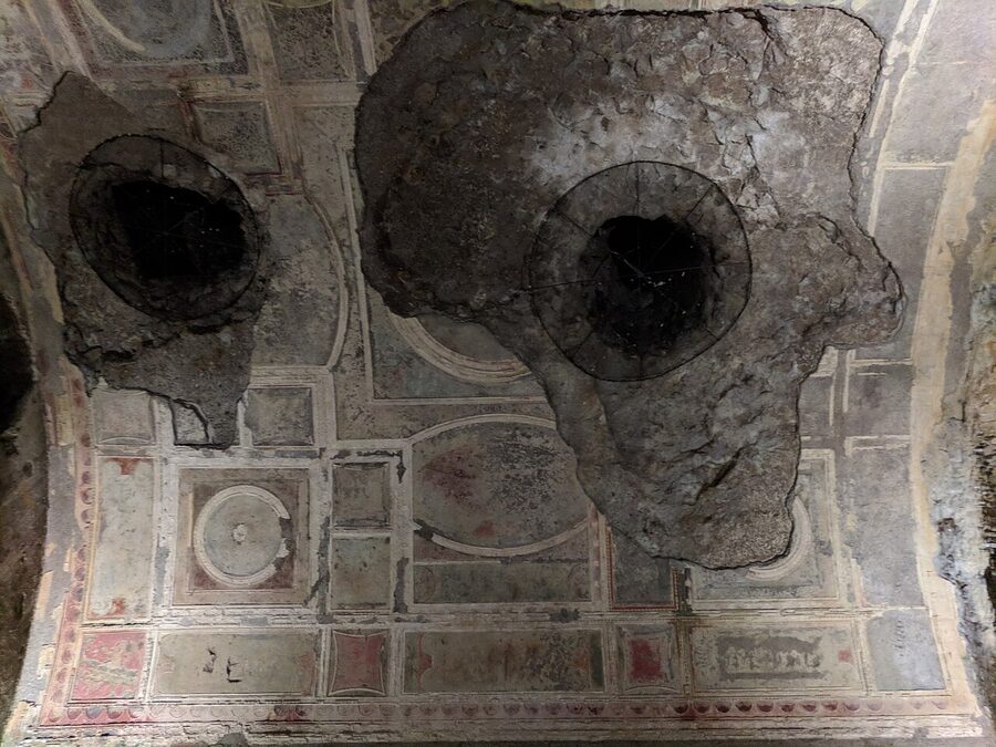 Ceiling fresco with a breach in the wall at the Domus Aurea, Rome