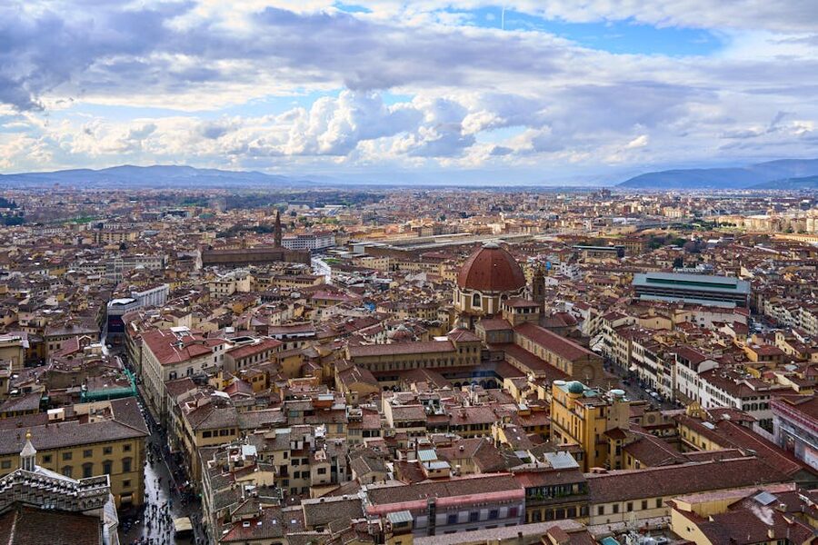 Aerial view of Florence with the red dome over rooftops