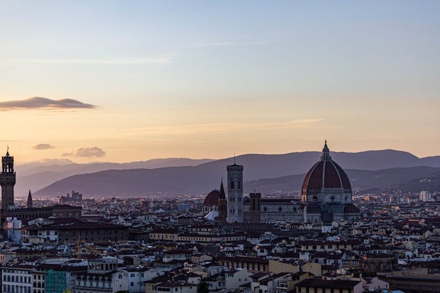 Florence skyline at sunset with the Duomo silhouette