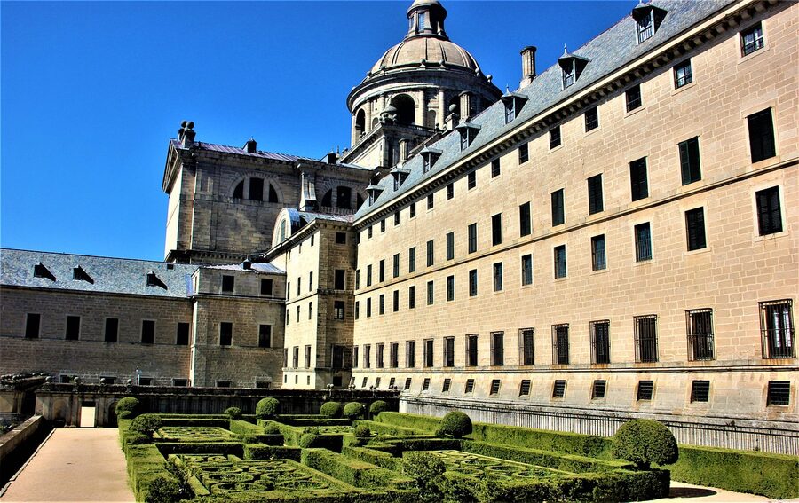 El Escorial monastery garden view with manicured hedges
