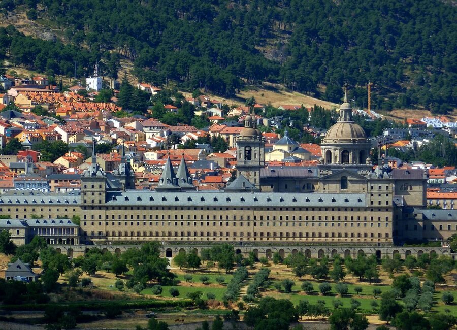 Panorama of El Escorial monastery showing palace, cupola and stone facade