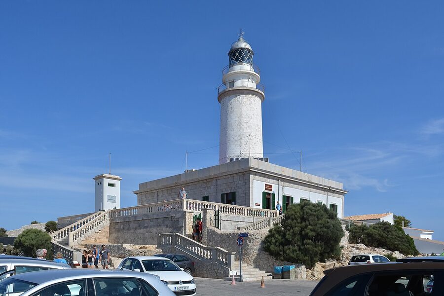 Close-up of the Far de Formentor lighthouse on its cliff