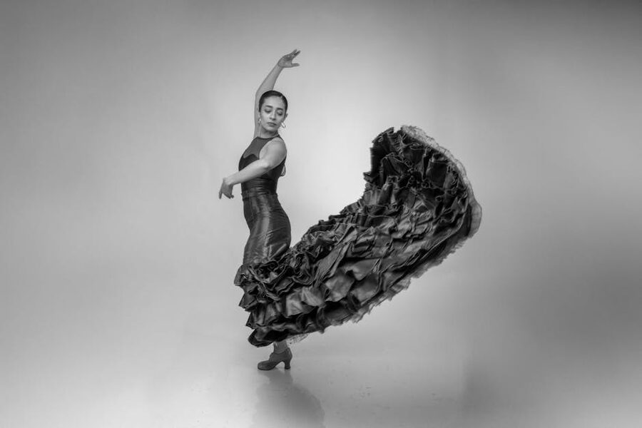Flamenco dancer in dramatic mid-spin pose, black and white
