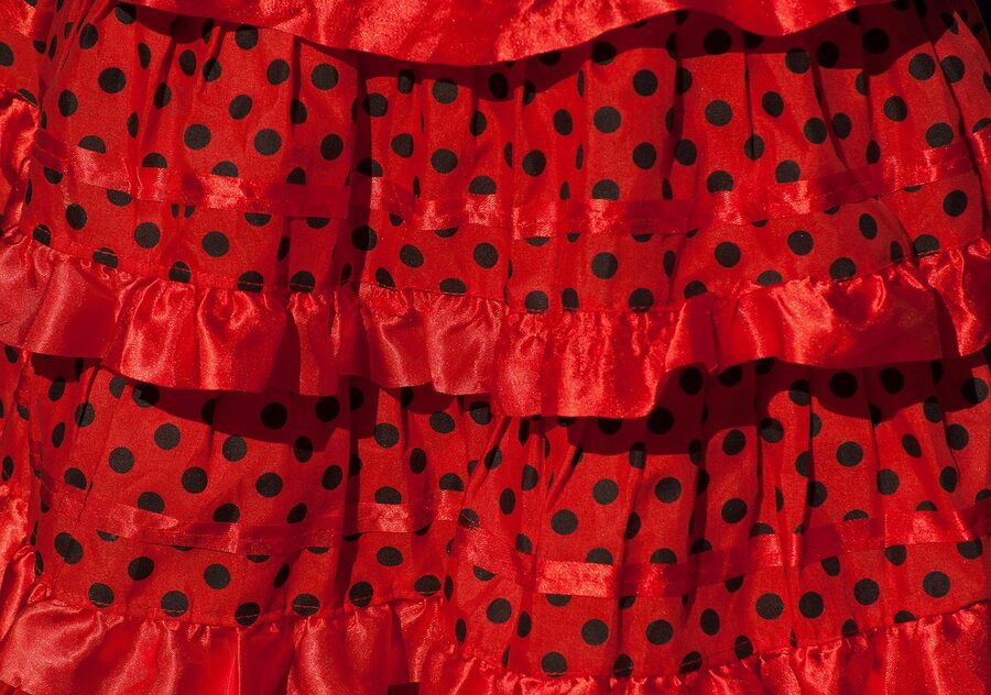 Flamenco dancers in traditional polka dot dresses, Andalusia tradition staged in Madrid