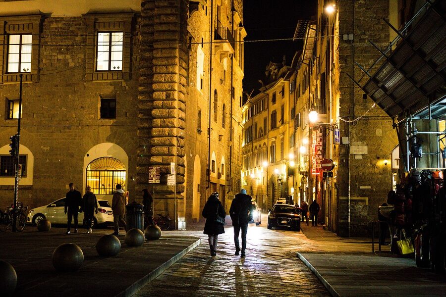Florence street in the evening near the Bargello Museum