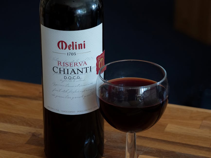 Chianti Classico bottle and glass on wood