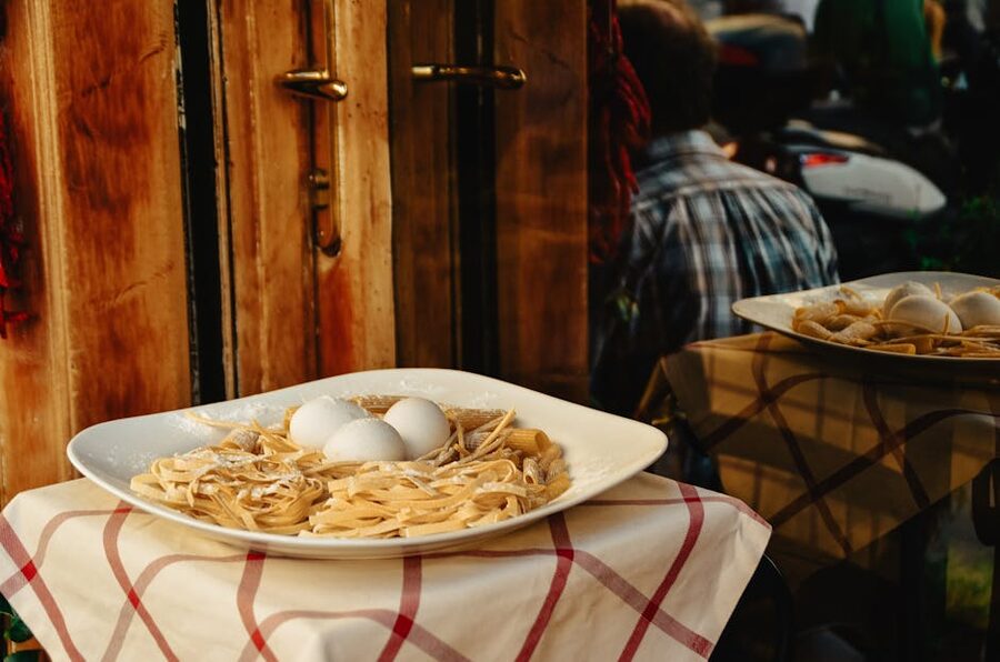 Fresh pasta on display outside a restaurant