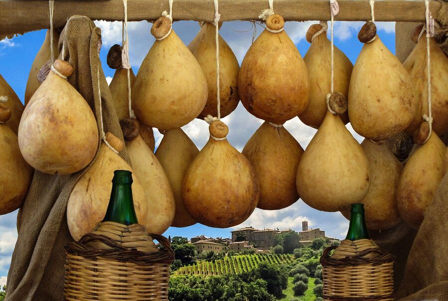 Tuscan cheese, wine and market scene