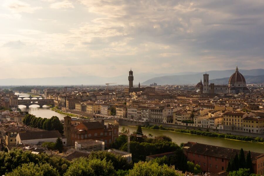 Florence skyline at sunset with the Duomo and Arno River