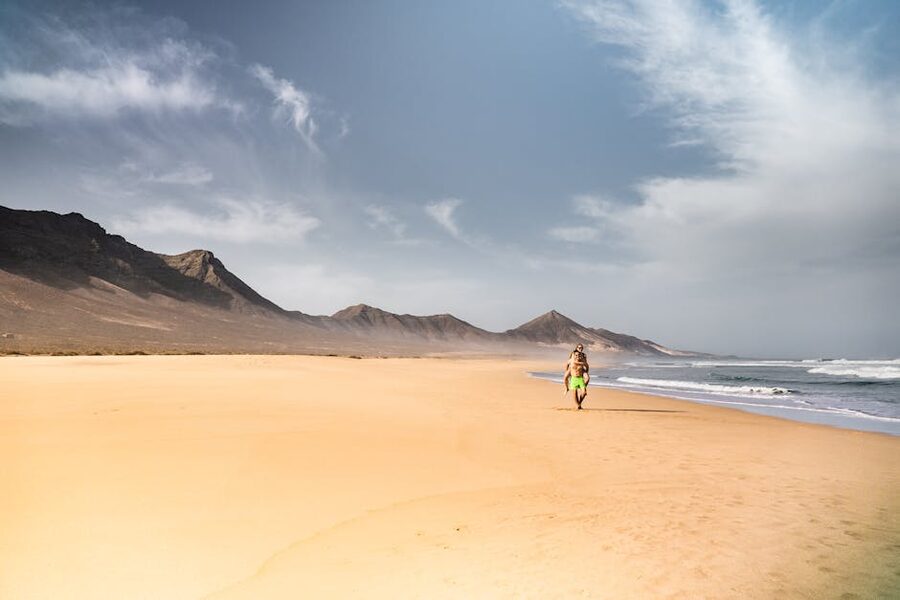 Fuerteventura beach with mountains in background