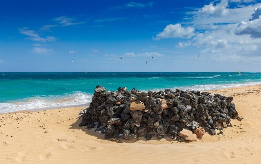 Corralejo beach with kite surfers