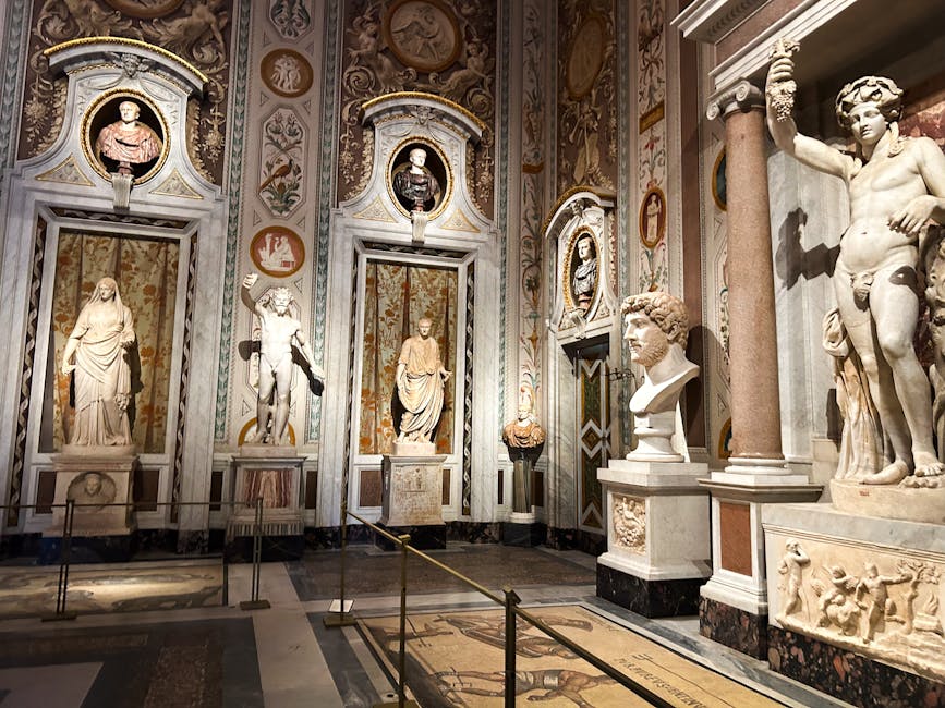 Marble sculptures and ornate decor inside the Galleria Borghese in Rome