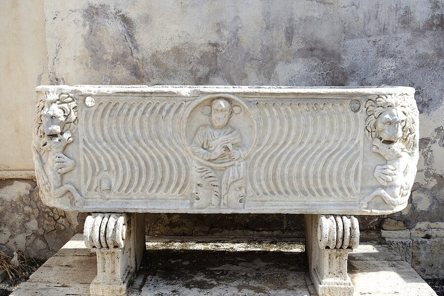 A Roman sarcophagus on the grounds outside the Galleria Borghese