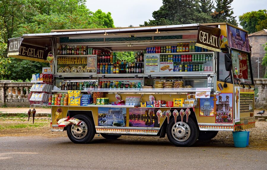 A gelato van inside Villa Borghese park, Rome