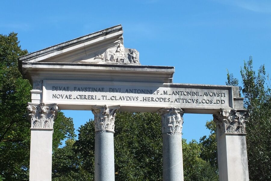 Ancient stone columns inside the Villa Borghese park