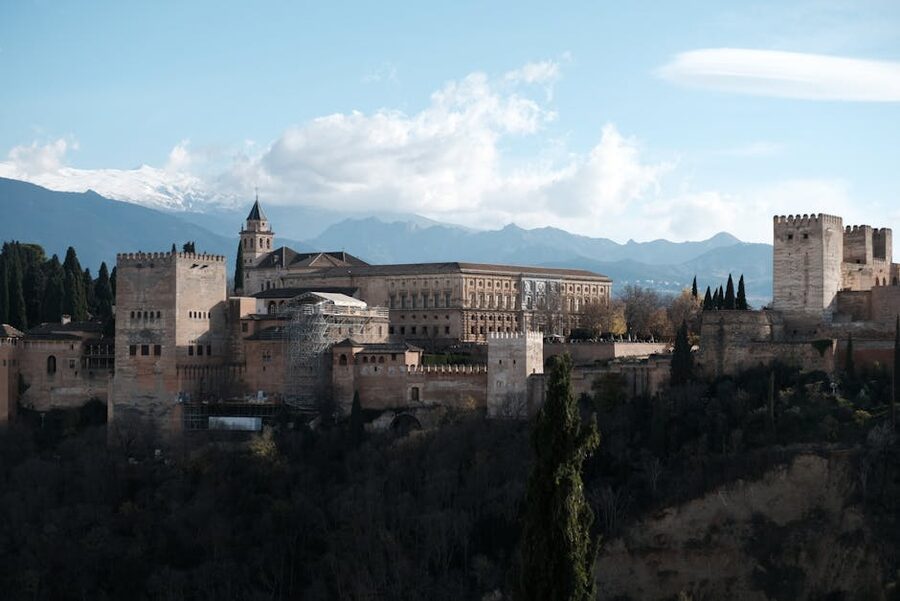 Alhambra with snowy Sierra Nevada mountains in the background