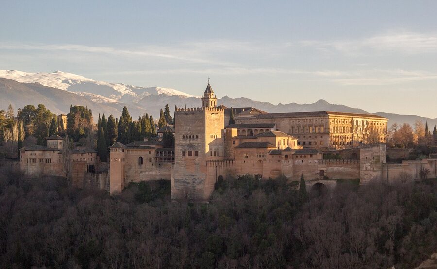 Alhambra at sunset with golden light on the walls