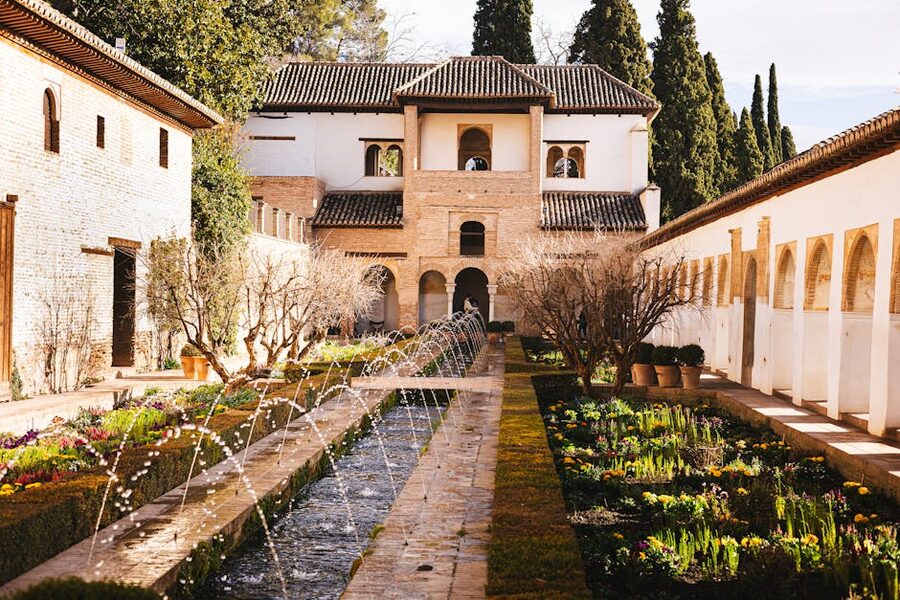 Garden courtyard view at the Alhambra Palace Granada