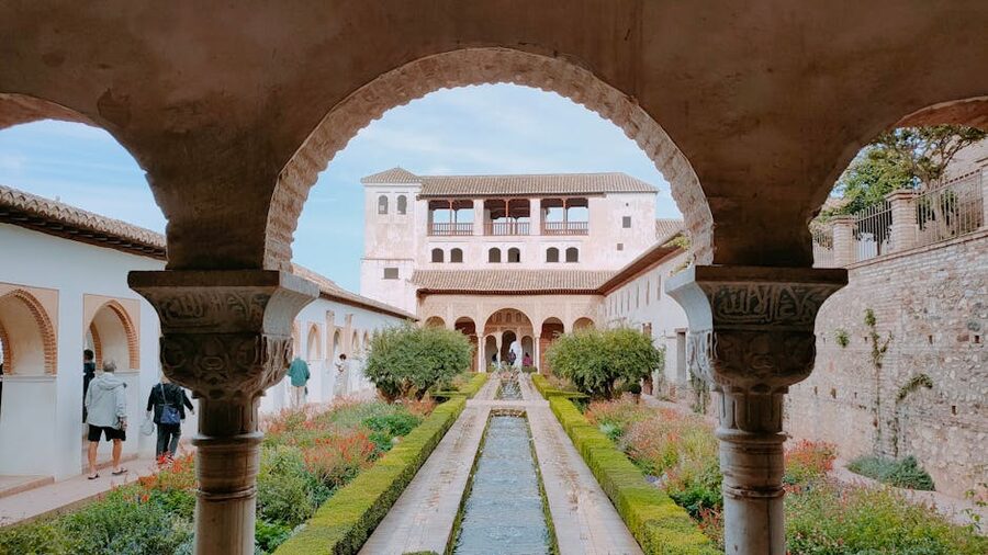 Generalife patio in Granada with arches and gardens