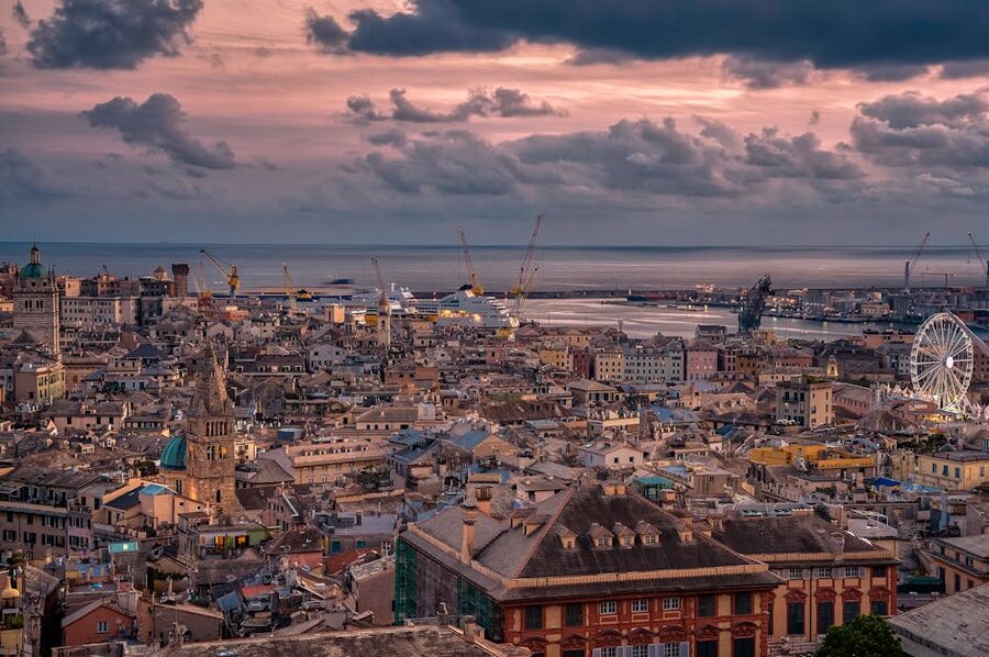 Genoa historic centre rooftops at sunset, Liguria, Italy