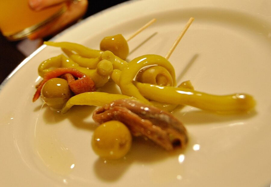 Gilda pintxo with green pepper olive and anchovy in San Sebastian