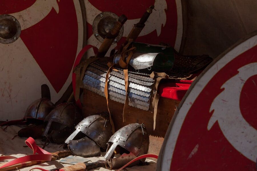 Display of ancient Roman armor and weapons