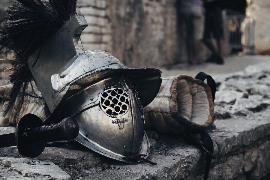 Roman gladiator armor and weapons display