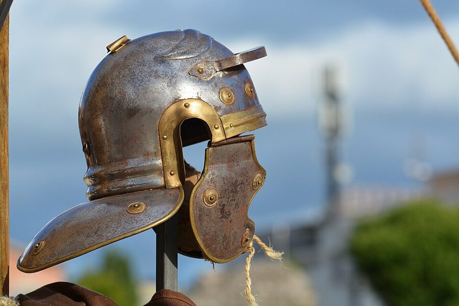 A reconstructed Roman gladiator helmet