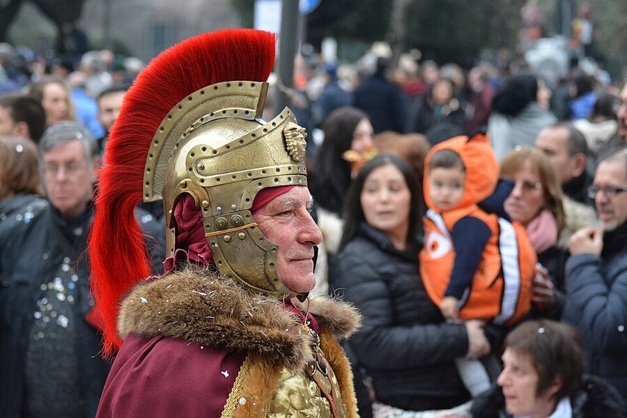 A gladiator reenactor in armour at a Roman parade in Tivoli