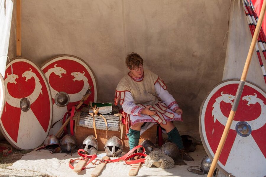 Roman legionary in costume in a reenactment camp