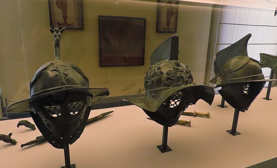Three Roman gladiator helmets from Pompeii
