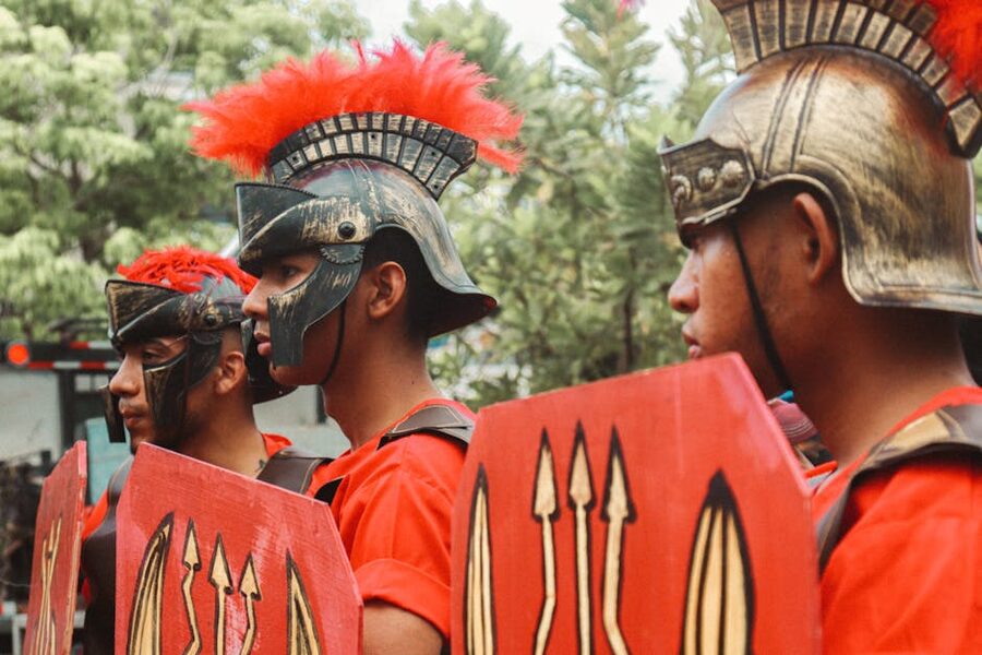 Men dressed as Roman warriors in a parade