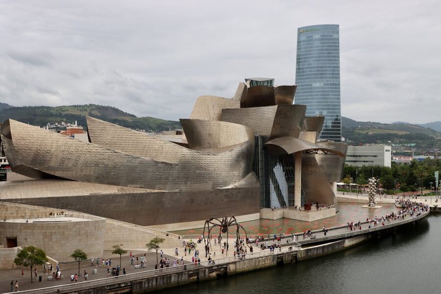Aerial view of Guggenheim Bilbao crowds and Iberdrola Tower
