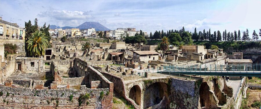 Roman ruins and ancient buildings at Herculaneum archaeological park