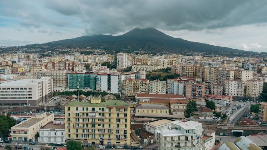 Aerial view of Naples with Mount Vesuvius in the distance