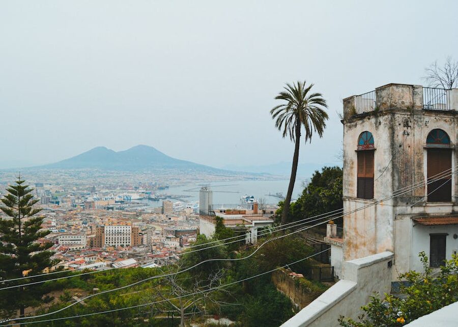 Naples coastline with Mount Vesuvius and historic architecture