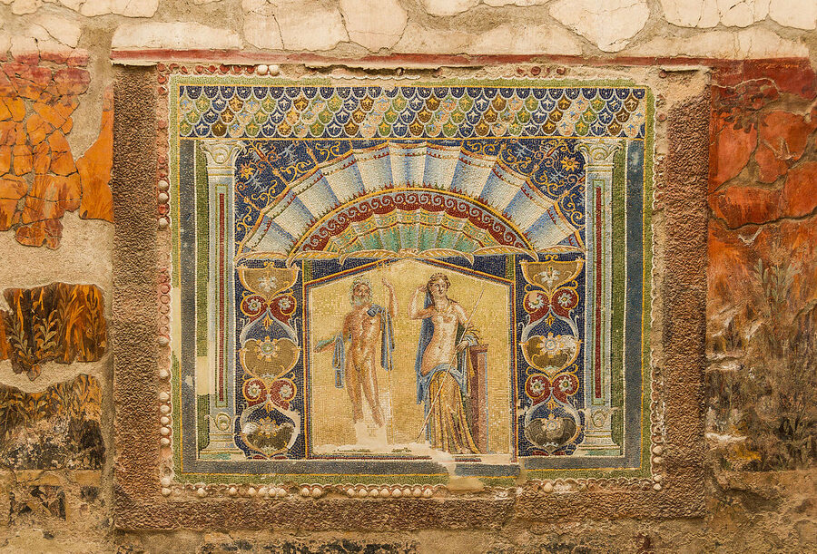 Neptune and Amphitrite glass mosaic at the House of Neptune in Herculaneum