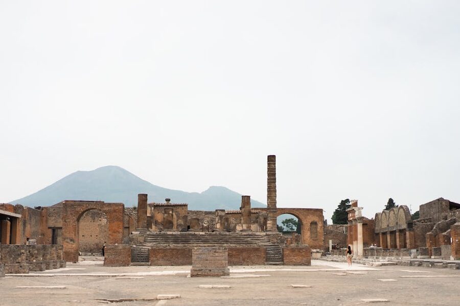 Pompeii archaeological park ruins with Mount Vesuvius in the background