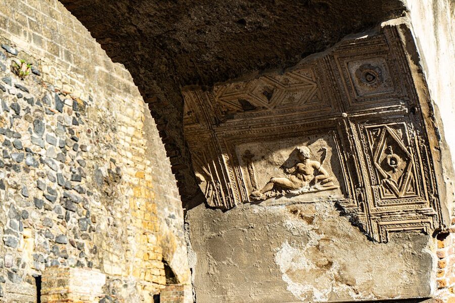 Detailed Roman relief carving at Herculaneum, Ercolano