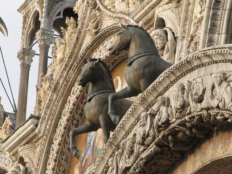 Replica bronze horses of Saint Mark on basilica terrace Venice