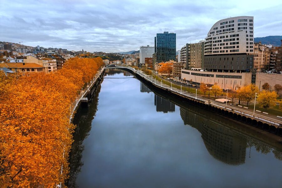 Nervion river in Bilbao with autumn foliage
